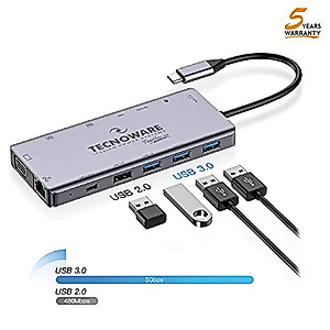 Tecnoware Hub USB Type-C, 13 in 1 Adapter, Compatible with MacBook, Notebook, iPad, Windows, Huawei ecc. 13 Ports: USB 2.0/3.0, USB Type-C, Ethernet, HDMI 4K, Card Slot SDXC, Micro SD, Jack Audio.