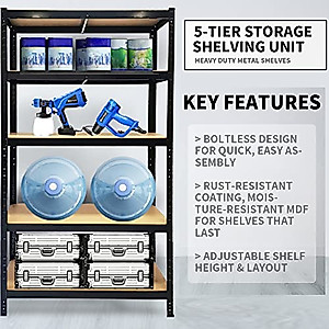 5 Tier Adjustable Boltless Garage Shelving, Heavy Duty Storage Racks Unit, Organizing Metal Shelf for Home Office Workshop Warehouse Household Kitchen, 59" H x 28" W x 12" D, Black, DIY Shelves