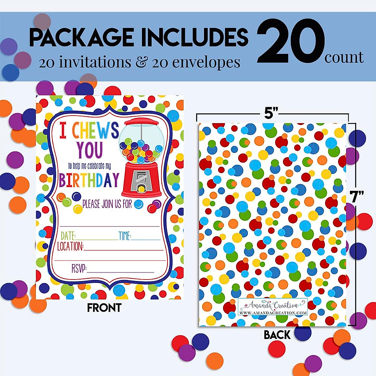 Cute Rainbow Colored Bubble Gum Themed Birthday Party Invitations for Kids, 20 5x7 Fill In Cards with Twenty White Envelopes by AmandaCreation…