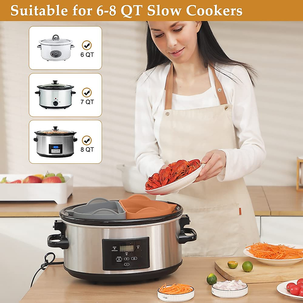 OFUN Slow Cooker Divider Liner fit 6-8 QT, Silicone Crock Pot Liners Reusable Pot Divider Insert Cooking Accessories - Dishwasher Safe, Leakproof, BPA Free (Grey+Beige)
