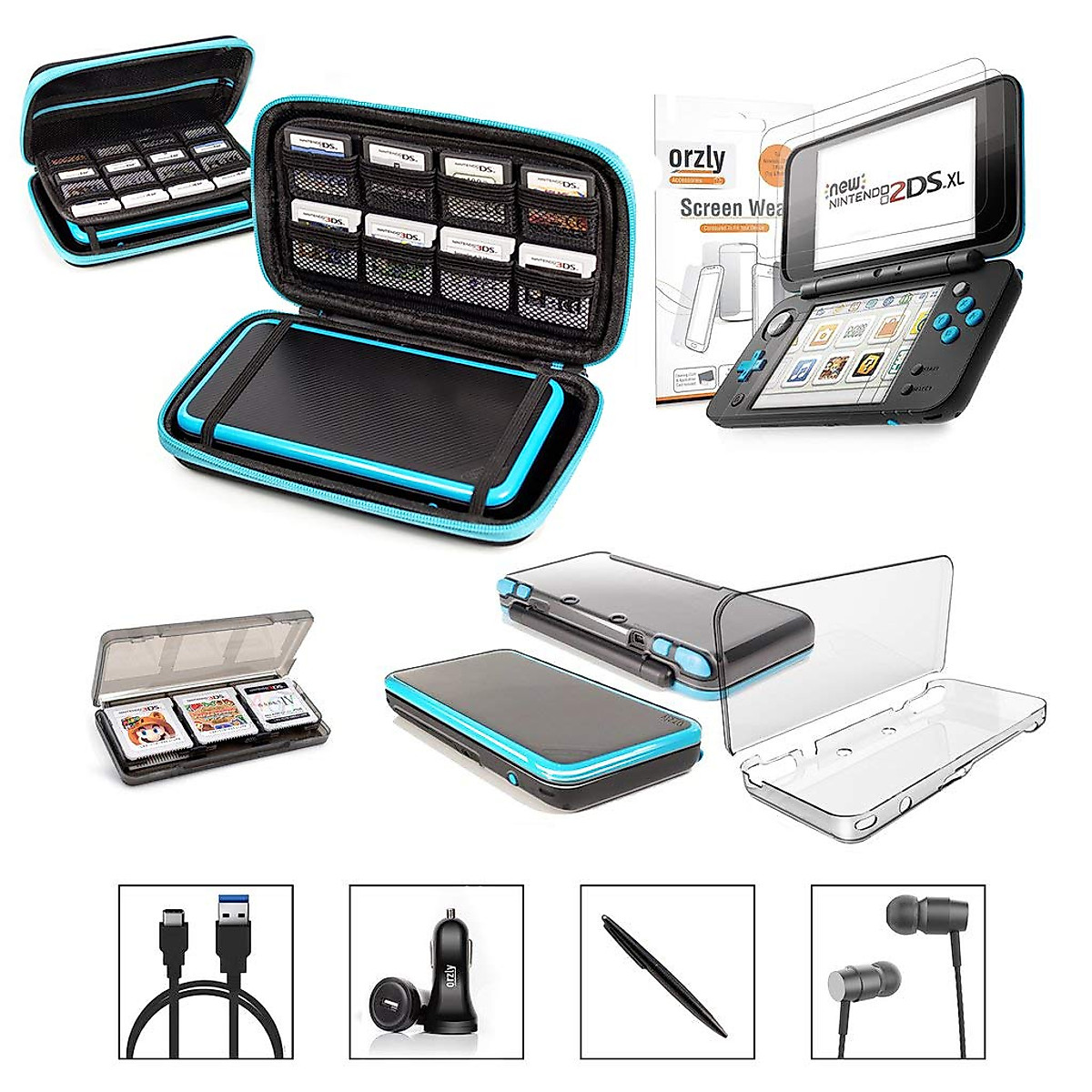 2DSXL Accessories, Orzly Ultimate Starter Pack for New Nintendo 2DS XL (Bundle includes: Car Charger / USB Charging Cable / Console Case / Cartridge Cases & more... (See full description for details)