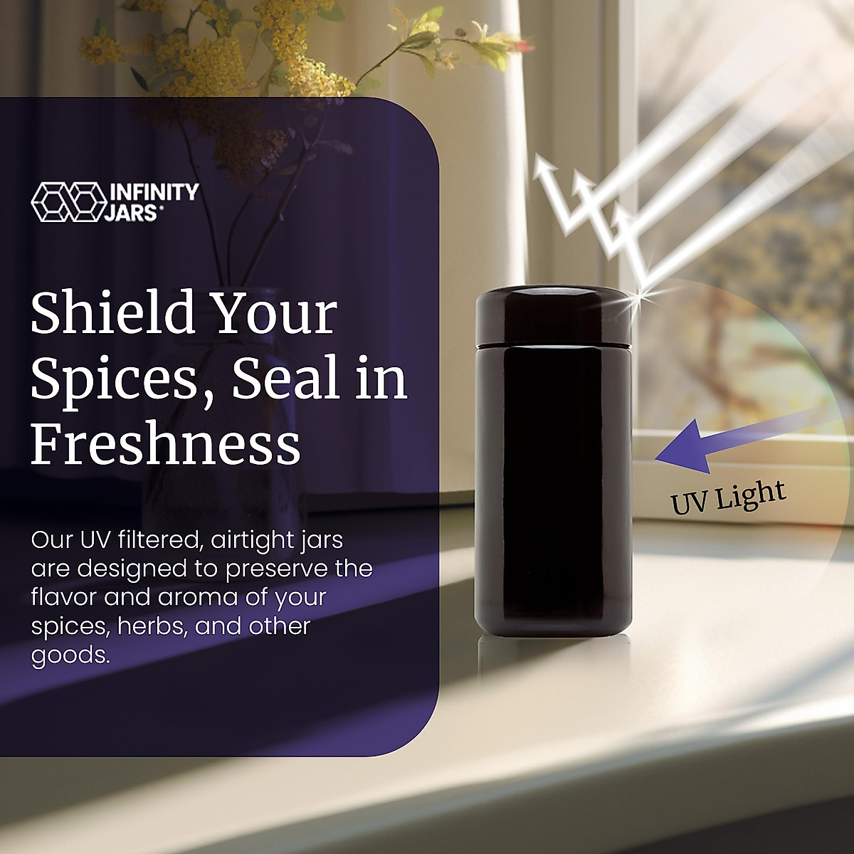 Infinity Jars Tall Screw top Jar, Black Glass Jar 100 Ml (3.3 fl oz) Ultraviolet Airtight Tall Jar Smell Proof, Refillable Container, For Long Term Storage Coffee, Tea, Dried Goods Jar For Kitchen