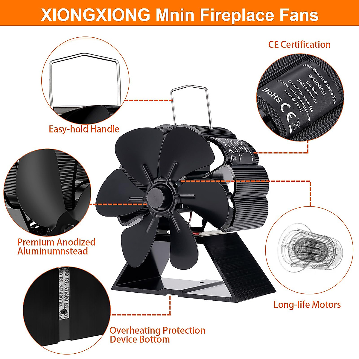 Xiongxiong Wood Stove Fan 6 Blade Fireplace Fan for Wood Burning Stove,Heat Powered Stove Fan Komin Log Wood Stove Accessories,Silent Operation Circulating Warm Air(Non Electric)