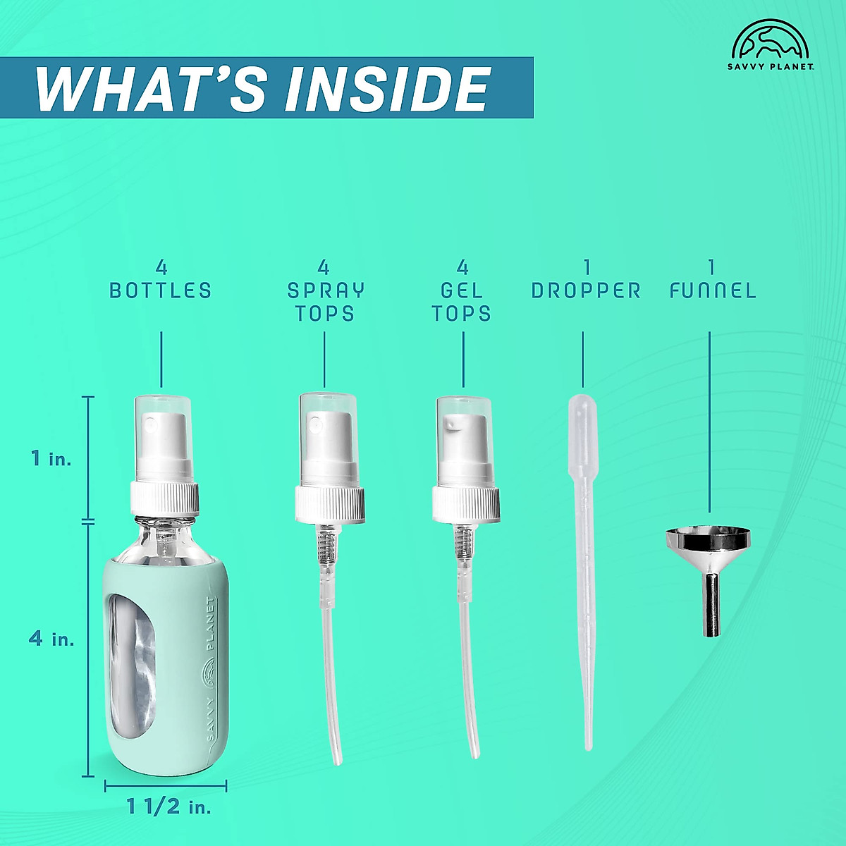 SAVVY PLANET Empty Clear Glass 2oz Small Spray Bottles with Silicone Sleeve Protection - Refillable Containers for Travel, Cleaning Solutions, Essential Oils, Sanitizers - Quality Sprayer - 4 Pack