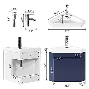 walsport 16" Corner Bathroom Vanity Floating Single Sink Combo for Small Space Wall Mounted Cabinet Set Design Resin Basin Sink Top Chrome Faucet and Drain,Blue