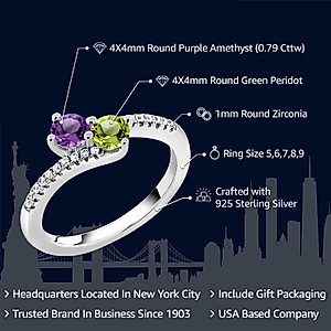 Gem Stone King 925 Sterling Silver Purple Amethyst and Green Peridot Bypass Ring For Women (0.79 Cttw, Gemstone February Birthstone, Round 4MM, Available In Size 5, 6, 7, 8, 9)