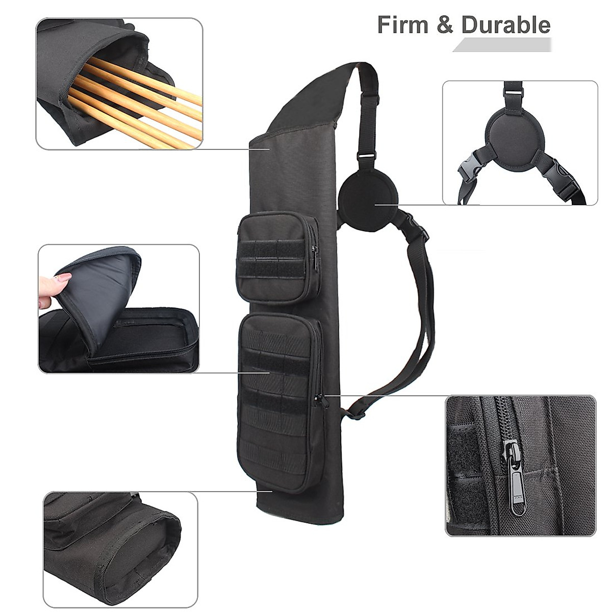 KRATARC Archery Back Arrows Quiver Bag with Molle System and Pockets for Hunting Shooting Target Practice (Black- molle design)