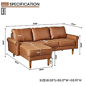 Weaxty 81.55" Sofa Couch, L Shaped Faux Leather Sectional with Chaise Suede Fabric Couch Sofas with Comfortable Cushions for Small Space Living Room Apartment, Left Chaise Brown