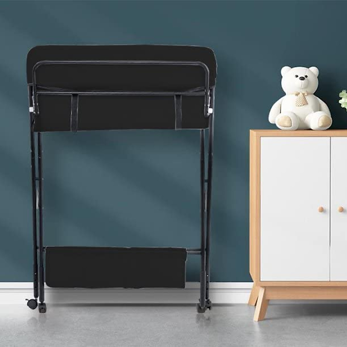 Baby Changing Table Portable Folding Diaper Changing Station with Wheels, Adjustable Height Mobile Nursery Organizer with Safety Belt and 2 Large Storage Racks for Newborn Baby Infant (Black)