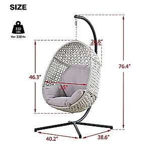 PRIVATE GARDEN Large Hanging Egg Chair with Stand Upgraded Wicker Egg Swing Chair Outdoor Indoor PE Rattan Hanging Chair with Grey Comfort Cushion Heavy Duty C-Stand