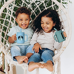 POIKSHARK Kids & Toddler Cups with Handle, Training Glass Tumbler 8 oz with Silicone Sleeves and Silicone Straws, BPA Free, Water Bottle, Smoothie Cups, Spill Proof Sippy Cups for Kid - Blue, Green