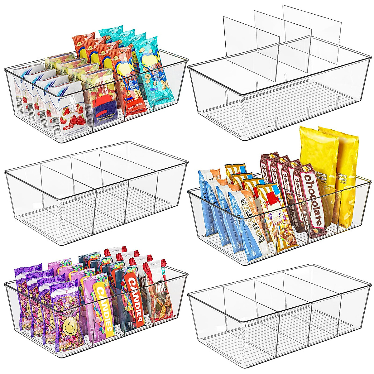 Moretoes 6 Pack Clear Plastic Storage Bins with Dividers, Food Storage Organizer Bins for Pantry Kitchen Fridge Cabinet Organization, 4 Compartment Holder for Organize Packets Spices Pouches Snacks