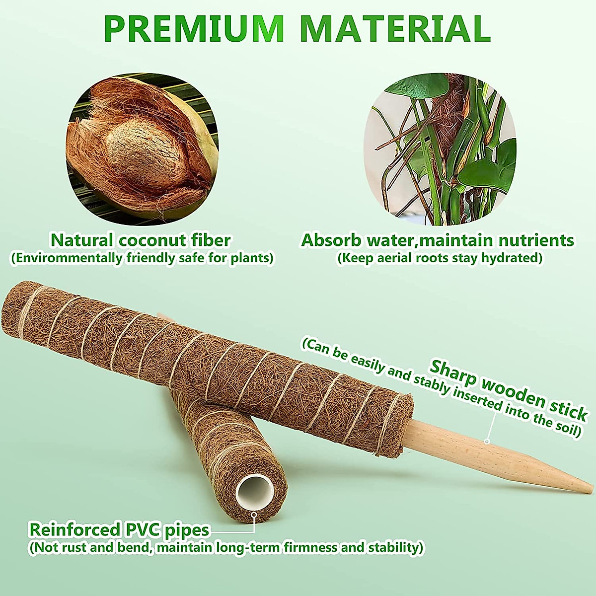 Moss Pole 56 Inch, 4 Pcs Moss Pole Monstera Plant Support, 17.7 Inch Coir Totem Pole Moss Stick for Climbing Plants Indoor Monstera Extension, Train Potted Creepers to Grow Upwards, 65 Feet Twist Tie