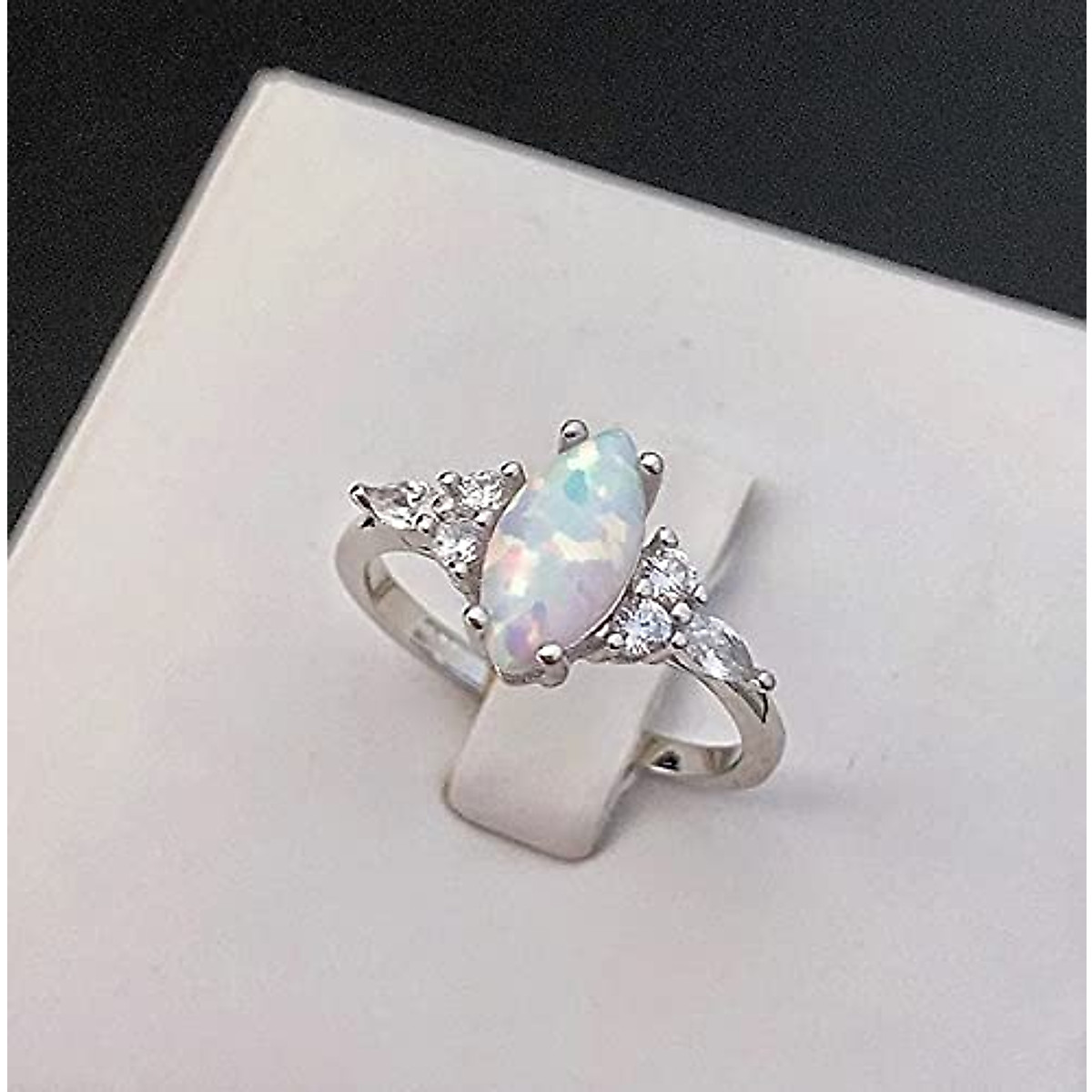 Genuine Marquise Ethiopian Opal Ring-Opal Cubic Zirconia Ring-October Birthstone Ring-925 Sterling Silver Engagement Ring-Opal Wedding Ring (12.5)
