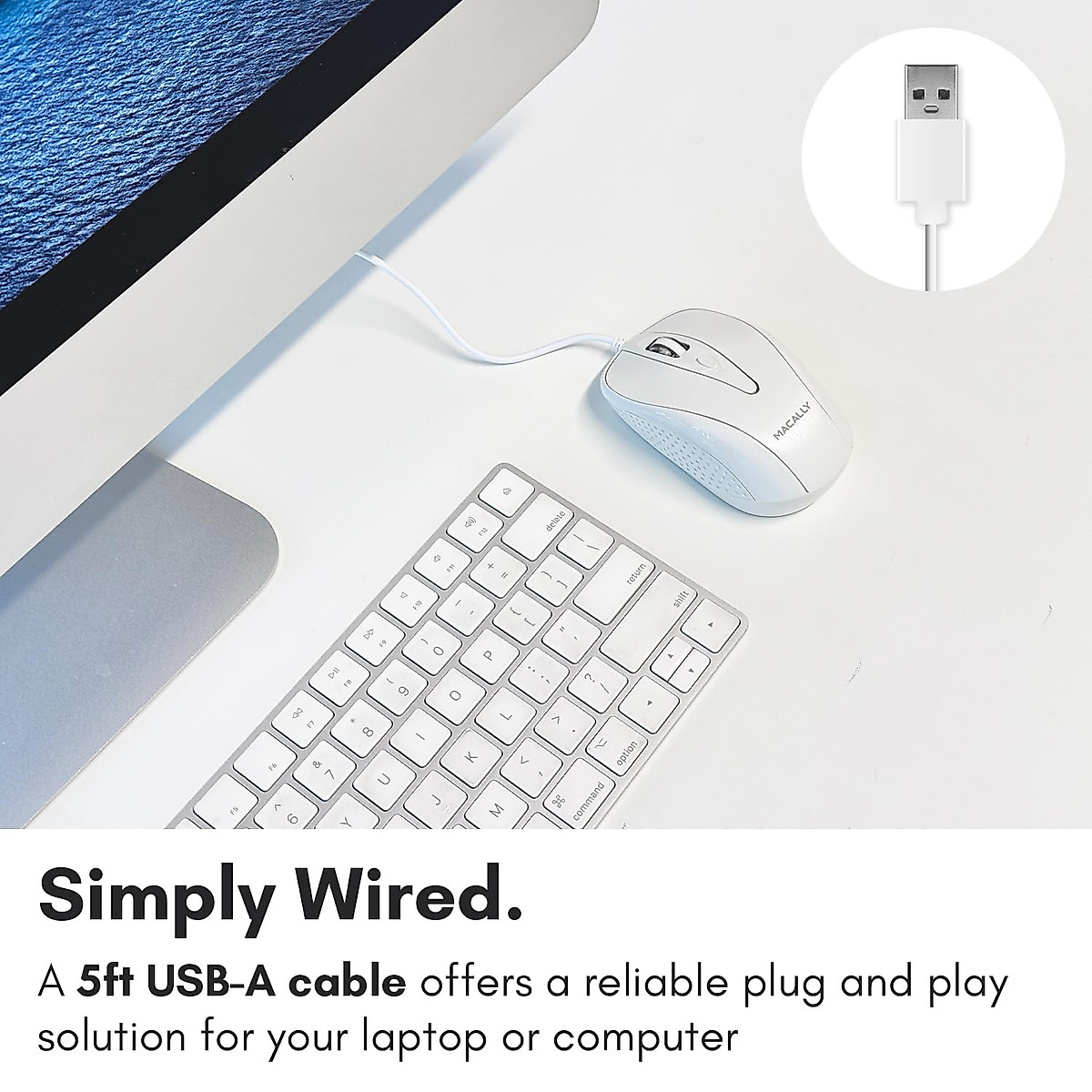 Macally USB Wired Mouse with 3 Button, Scroll Wheel, & 5 Foot Long Cord, USB Mouse for Laptop and Desktop, Computer Mouse Wired Compatible with Apple Macbook, iMac, Mac Mini, Windows PC, & Chromebook