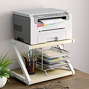 HUANUO Printer Stand, Desktop Stand for Printer, Printer Stand with Storage, Desktop Shelf with Anti-Skid Pads, Printer Table Organizer, Printer Shelf w/ 2 Tier Tray & Hardware & Steel (Light Wood)