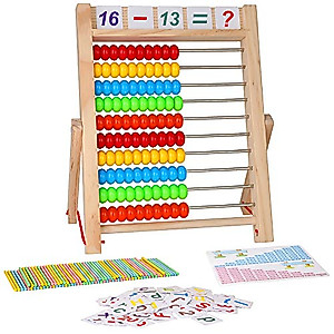 KIDWILL Preschool Math Learning Toy,10-Row Wooden Frame Abacus with Multi-Color Beads, Counting Sticks, Number Alphabet Cards, Gift for 2 3 4 5 6 Years Old Toddlers Boys Girls