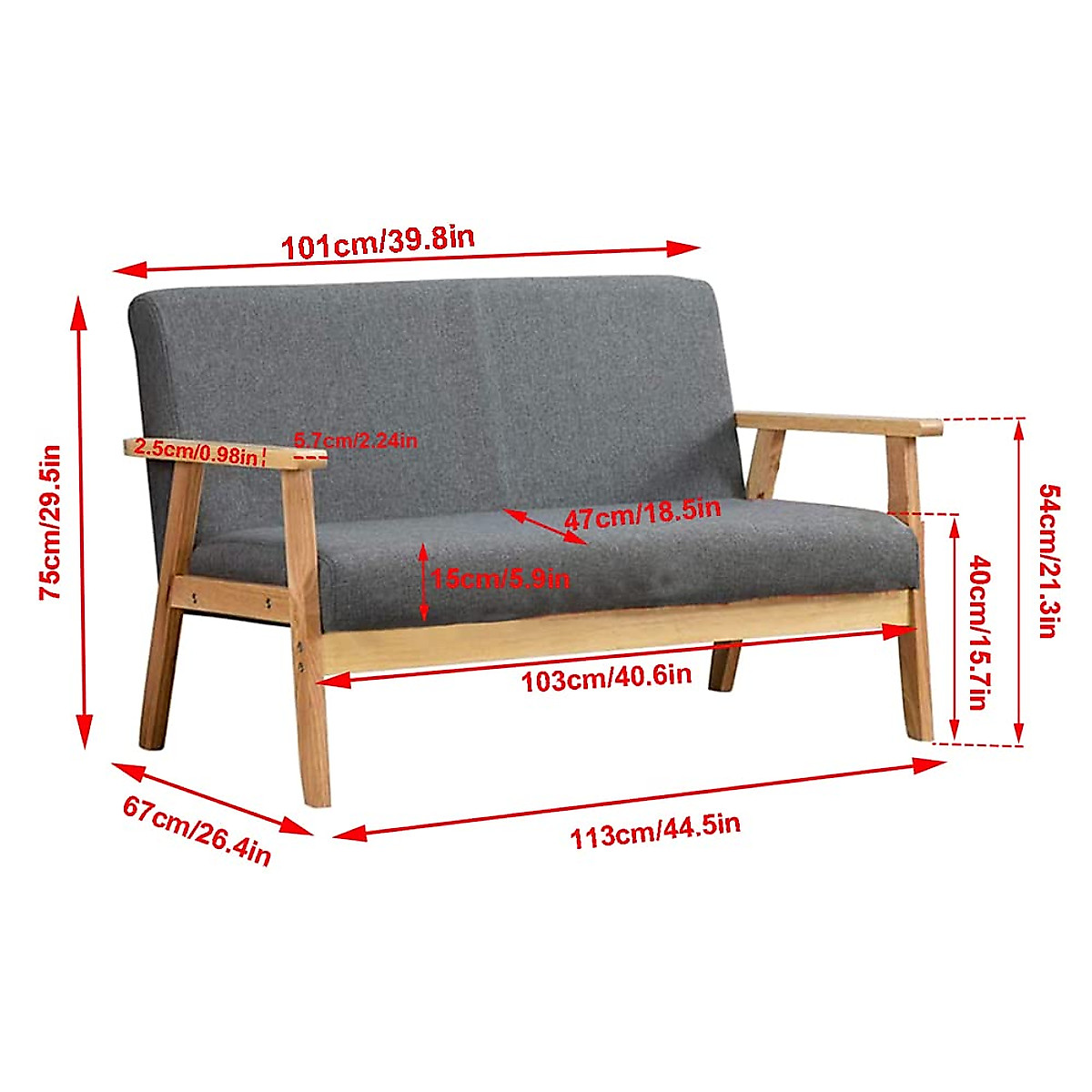 Dripex Fabric Modern Loveseat Sofa Couch for Living Room Wood Furniture, 2 Seater Sofa Armchair Two Seat Sofa Chair, Linen Upholstered Padded Wooden Arm Love Seats Small Sofa for Bedroom Office