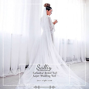 Salliy Aiosy Layer Wedding Veil Bridal Veil Embroidery Lace Edge Bride with Comb Cathedral Length Hair Accessories (Ivory)