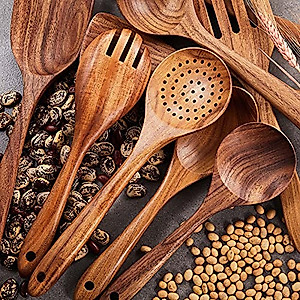 Wooden Kitchen Utensils Set,GUDAMAYE 9 PCE Wooden Spoons for Cooking,Wooden Cooking Utensils,Natural Teak Wooden Spoons For Non-stick Pan