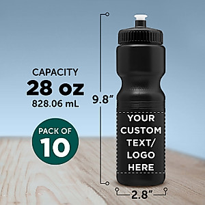 DISCOUNT PROMOS 28 oz. Custom Push Cap Plastic Water Bottles Set of 10, Personalized Bulk Pack - Perfect for Gym, Hiking, Camping, Outdoor Sports - Black