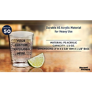DISCOUNT PROMOS Custom Translucent Plastic Shot Glasses 1.5 oz. Set of 50, Personalized Bulk Pack - Acrylic, Great for Wedding, Party, Birthday, Gifts - Clear