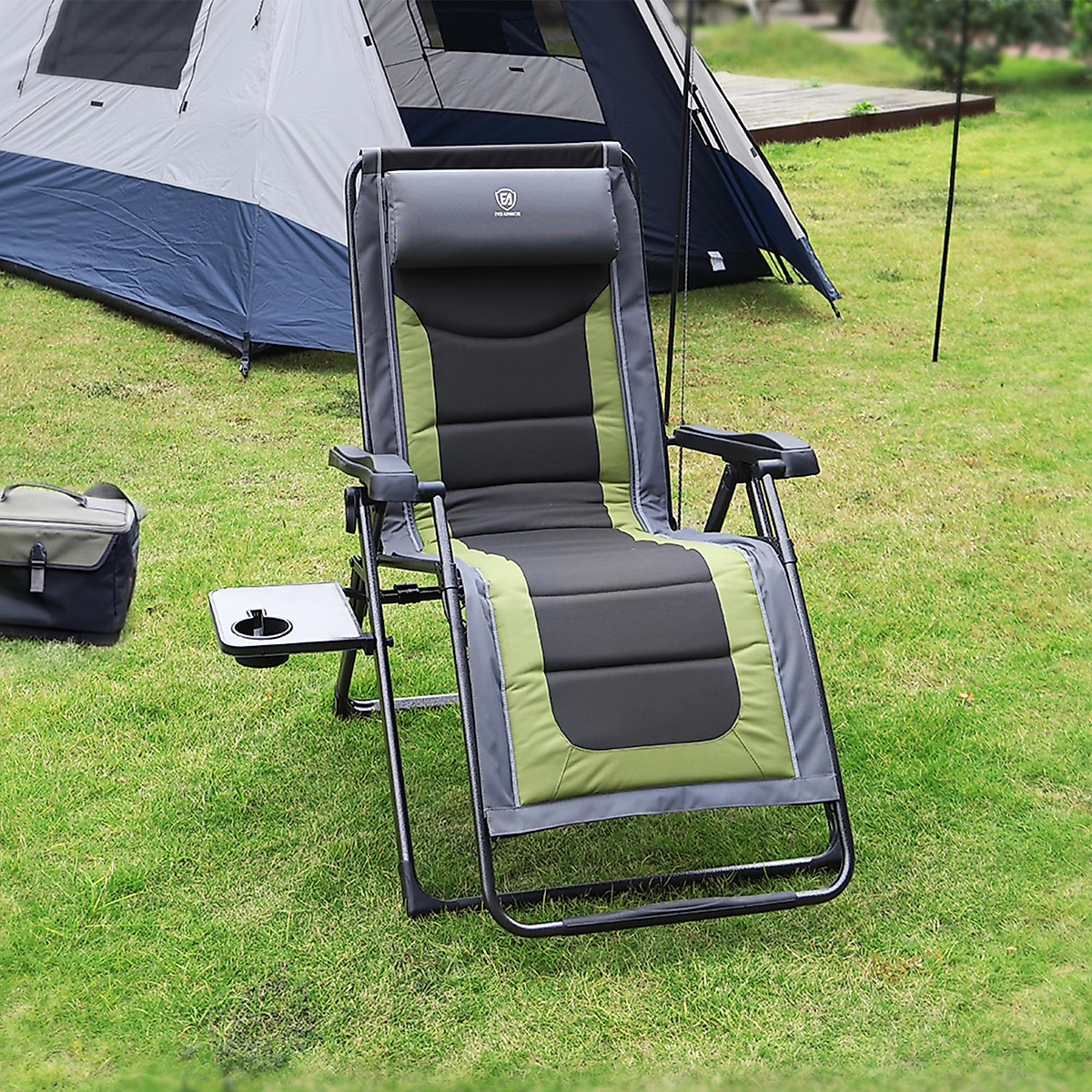 EVER ADVANCED Oversize XL Zero Gravity Outdoor Recliner with Cup Holder Padded Patio Lounger Chair with Adjustable Headrest Support 350lbs (Olive Green)