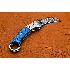 8.5" Handmade Damascus Folding Pocket Knife Karambit Knife Hunting Knife Handle Camel Bone Handmade Damascus Steel with Leather Sheath B50