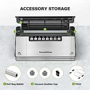 Bonsenkitchen Vacuum Sealer Machine, Stainless Steel Vacuum Food Sealer with 8-in-1 Vacuum Sealing System, 6 Food Vacuum Modes, Built-in Cutter and Bag Storage, Compact Design w/Starter Kit