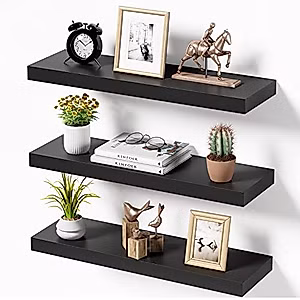 Fixwal Black Floating Shelves, Set of 3 Wall Shelves, Large 24in x 6in Wall Mounted Shelf for Bedroom, Living Room, Bathroom and Plants