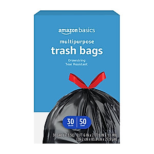 Amazon Basics Multipurpose Drawstring Trash Bags, 30 Gallon, 50 Count (Previously Solimo)