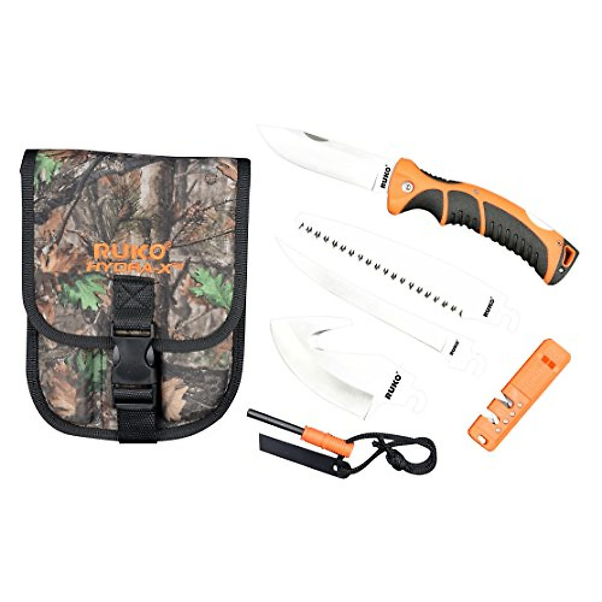 RUKO RUK0133CA Hydra-X Adventure Set with 4 Blade Patterns & Handle with WX-3D Camouflage Case, Blaze Orange