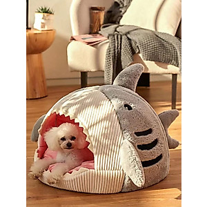 QWINEE Cat Mat Shark-Shaped Kennel Kitten Bed Hideout House Warm Soft Comfortable Semi-Closed Cat Dog Nest Grey Small