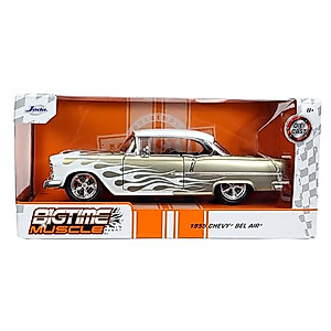 Big Time Muscle 1:24 1955 Chevy Bel Air Die-Cast Car, Toys for Kids and Adults(White/Gold Flames)