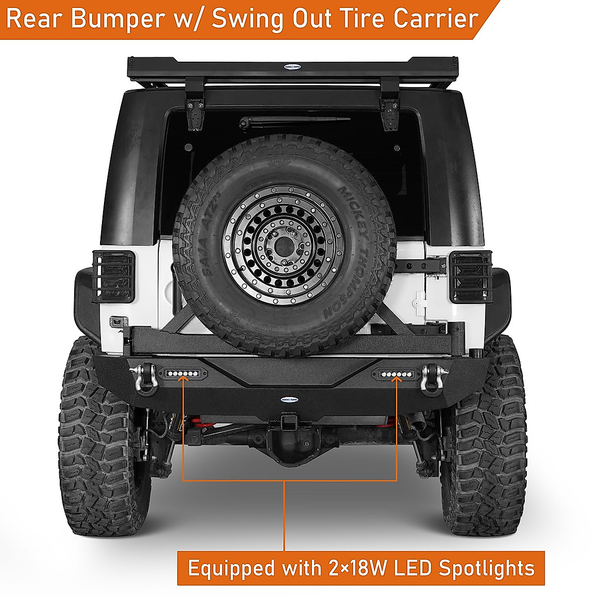 u-Box Wrangler JK Rear Bumper w/Spare Tire Carrier & Receiver Hitch & 2X LED Floodlights for Jeep Wrangler JK & JKU 2007-2018 - Different Trail