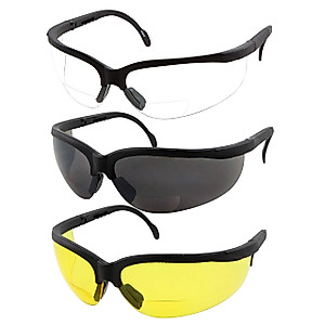 grinderPUNCH 3 Pairs Combo Bifocal Safety Reading Glasses - Assorted Colors Clear Black Yellow Lens - With Side Cover (Diopter +2.50)