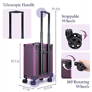 FRENESSA Rolling Nail Case Wheeled Manicure Storage Case Polish Organizer Professional Makeup Trolley for Studio or Travelling Nail Technician Artists Cosmetologist Stylist - Purple Vegan Leather