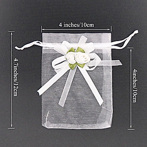 SumDirect Rose Organza Gift Bags - 50Pcs 4x5 inch White Wedding Favor Gift Bags, Jewelry Pouches with Drawstring for Party Wedding Christmas Valentine