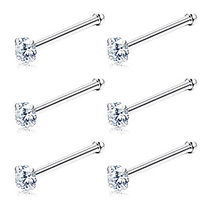 Sllaiss 6Pcs 20G Sets with Austria Zirconia Nose Ring Studs 316L Stainless Steel Hypoallergenic 1.5mm 2mm Nose Piercing Set Body Jewelry