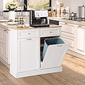 LOUVIXA Tilt Out Trash Can Cabinet Dog Proof with Double Wood Hidden Holder, Kitchen Free Standing Recycling Cabinet（White）