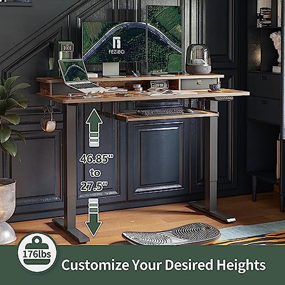 FEZIBO Standing Desk with Drawers, Adjustable Height Desk with Keyboard Tray, Stand Up Desk with Storage Shelf, 48 x 24 Inchs, Rustic Top