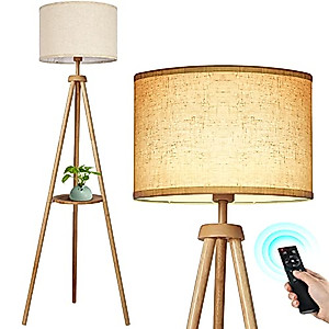 OUTON Wood Tripod Floor Lamp with Shelves, Mid Century Floor Lamp with Remote Control,4 Color Temperature, LED Modern Dimmable Standing Lamp with Beige Linen Shade for Living Room, Bedroom, Office