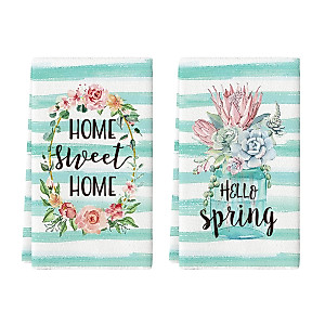Artoid Mode Watercolor Stripes Kitchen Dish Towels Spring Quotes, 18 x 26 Inch Seasonal Spring Flower Wreath Ultra Absorbent Drying Cloth Tea Towels for Cooking Baking Set of 2