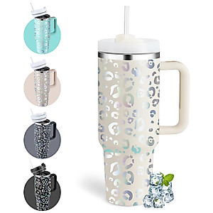 PIMDIR 40oz Leopard Tumbler with Handle Straw Lid, Stainless Steel Vacuum Insulated Reusable Travel Mug Keep Drinks Cold Ice Gym Cup, Gifts for Women Lovers, Car Holder Friendly, White