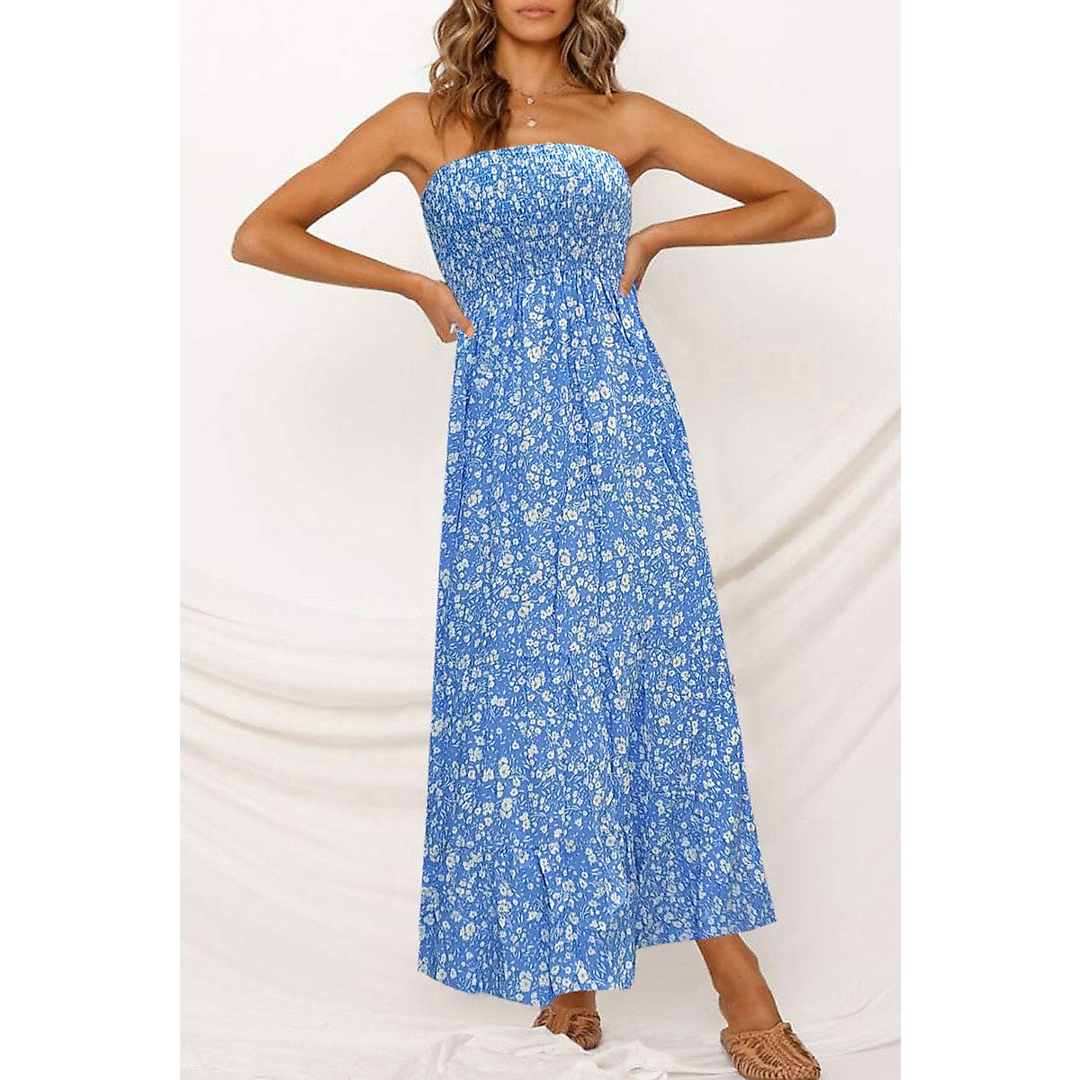 ZESICA Women's Summer Bohemian Floral Printed Strapless Beach Party Long Maxi Dress,Blue,Large