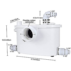 Upflush Macerating Toilet with Pump for Basement, Macerator Pump, 1.28GPF Dual Flush Toilet Tank, Big Round Toilet Bowl, Water Tank, Night Light, Brush, Two Piece Toilet, 4 Water Inlets