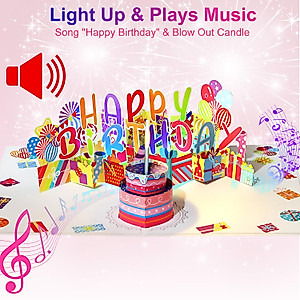 Yinqing Birthday Gift Cards, Light and Music Happy Birthday Card, 3D Pop Up Birthday Card with Blowable Candle for Women Men Kids Husband Wife Mom Dad Daughter.