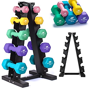Fitness Alley Neoprene Dumbbell 5 Tier Rack & 5 Pairs Set (2,4,6,8,10 Lbs) Coated for Non Slip Grip - Hex Dumbbells Weight Set - Neoprene Hand Weight Pairs - Hex Hand Weights Neoprene Dumbbells Combo