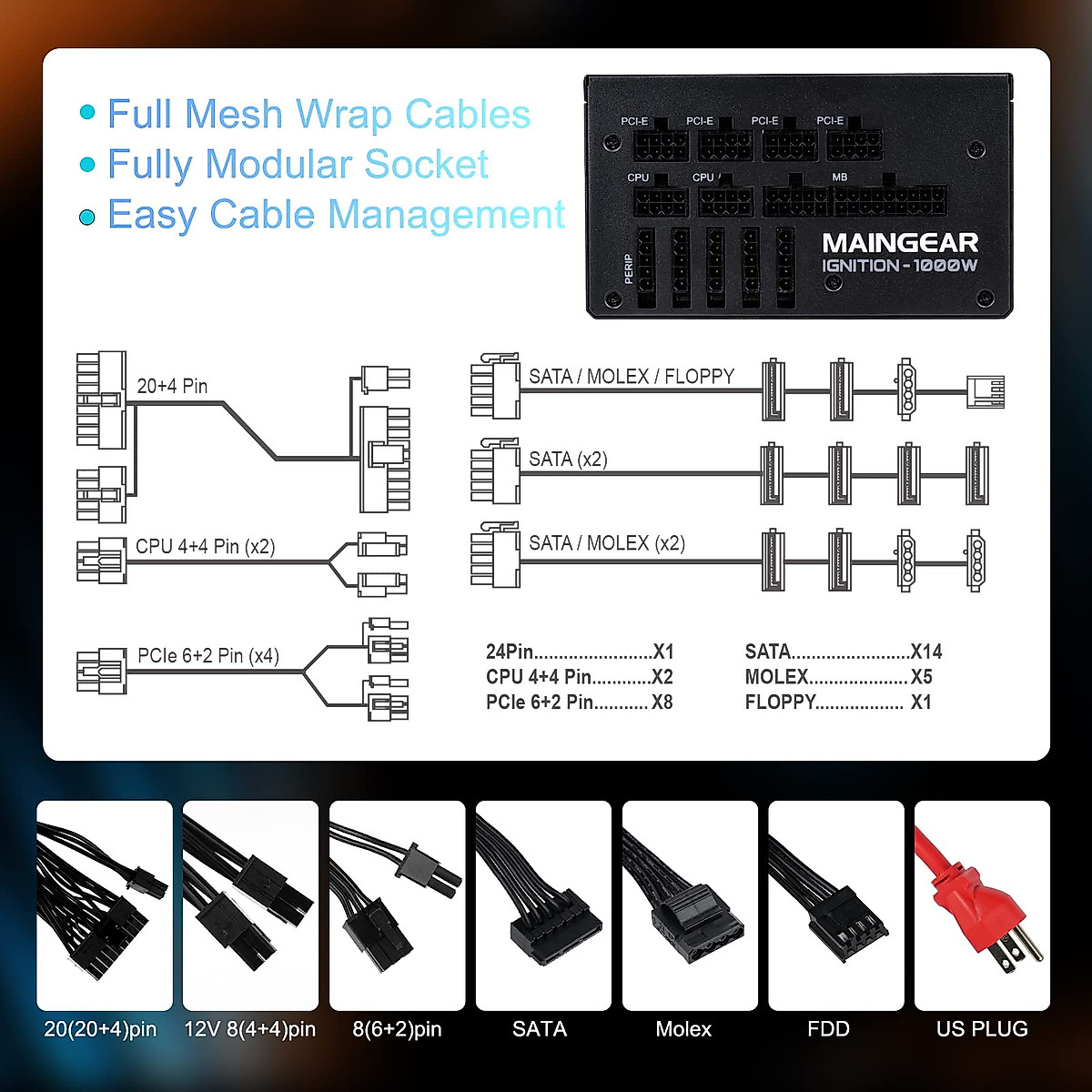 MAINGEAR Ignition Fully Modular Power Supply PC, 1000W, 80 Plus Platinum Certified, SLI Crossfire Ready, FSP1000-50AJB, 10 Year Warrenty
