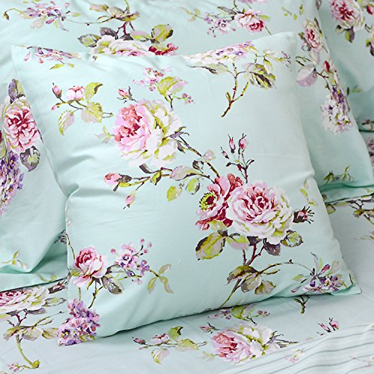 FADFAY Floral Duvet Cover Queen 100% Cotton Blue Green Farmhouse Bedding Super Soft Reversible Striped French Country Bed Cover Purple Hydrangea and Peony Print Zipper Comforter Cover 3 Pieces